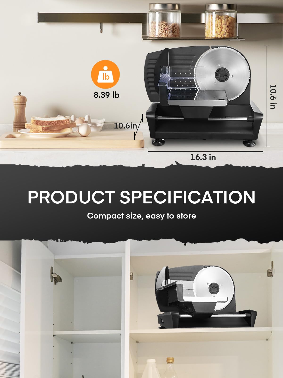 FOHERE Meat Slicer 200W Electric Deli Food Slicer with Two Removable 7.5’’ Stainless Steel Blade, Adjustable Thickness for Home Use, Child Lock Protection, Black