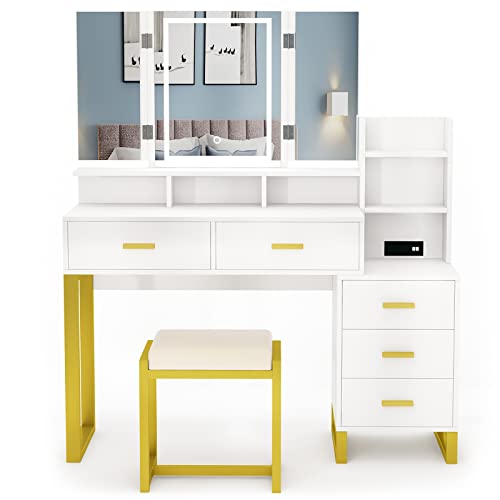 PAKASEPT Vanity Set with Lighted Tri-fold Mirror, 45.59'' Large Vanity Desk with Charging Station, 3-Color Adjustable Touch Light, 5 Drawers, Storage Shelves&Cushioned Stool Makeup Vanity for Bedroom