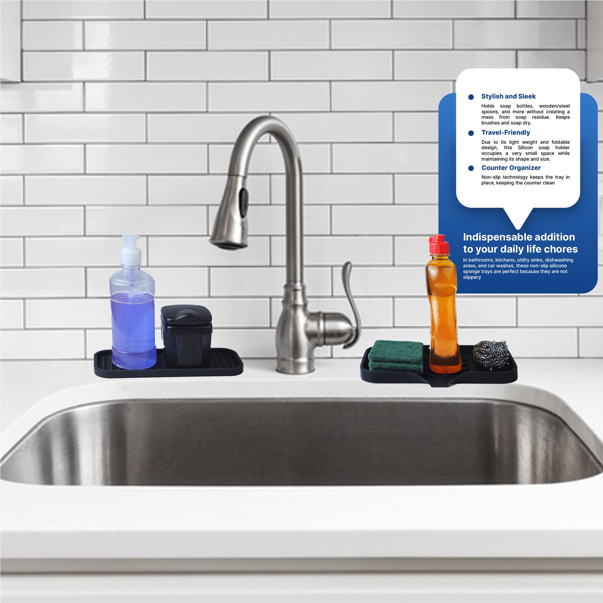 Dropsilc Silicone Sink Tray -Pack of 2 β Black Color β Non-Slip β 45 Degree Groove - Kitchen Sink Tray Keeps The Utensils Dry Ideal for organizing counters in bathrooms Kitchen