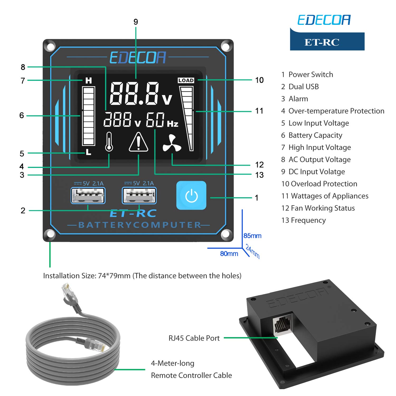EDECOA 24V 2000W Pure Sine Wave Power Inverter DC 24V to AC 120V 110V with LCD Display and Remote Controller for RV Truck Boat