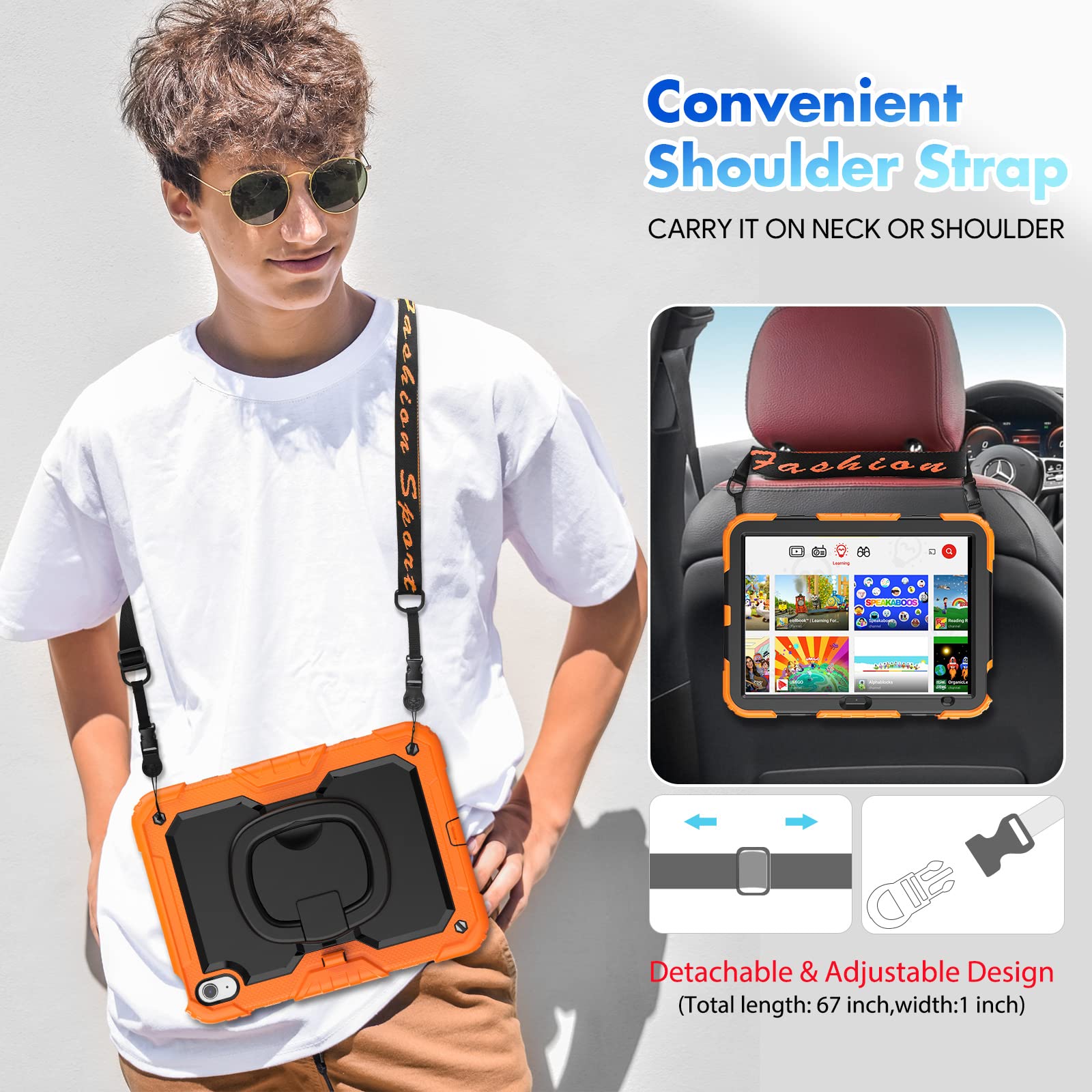 HXCASEAC Case for iPad 10th Generation with 360 Degree Rotating Handle Grip/Screen Protector/Pencil Holder - Orange