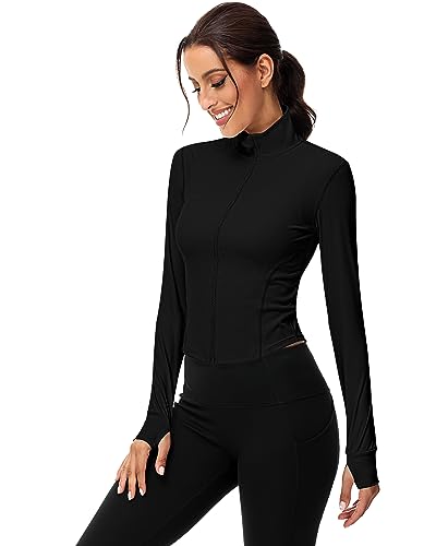 Locoowai 2 Pack Women's Workout Jackets, Long Sleeve Workout Tops with Thumb Holes, Full Zip Lightweight Running Jackets (Small)