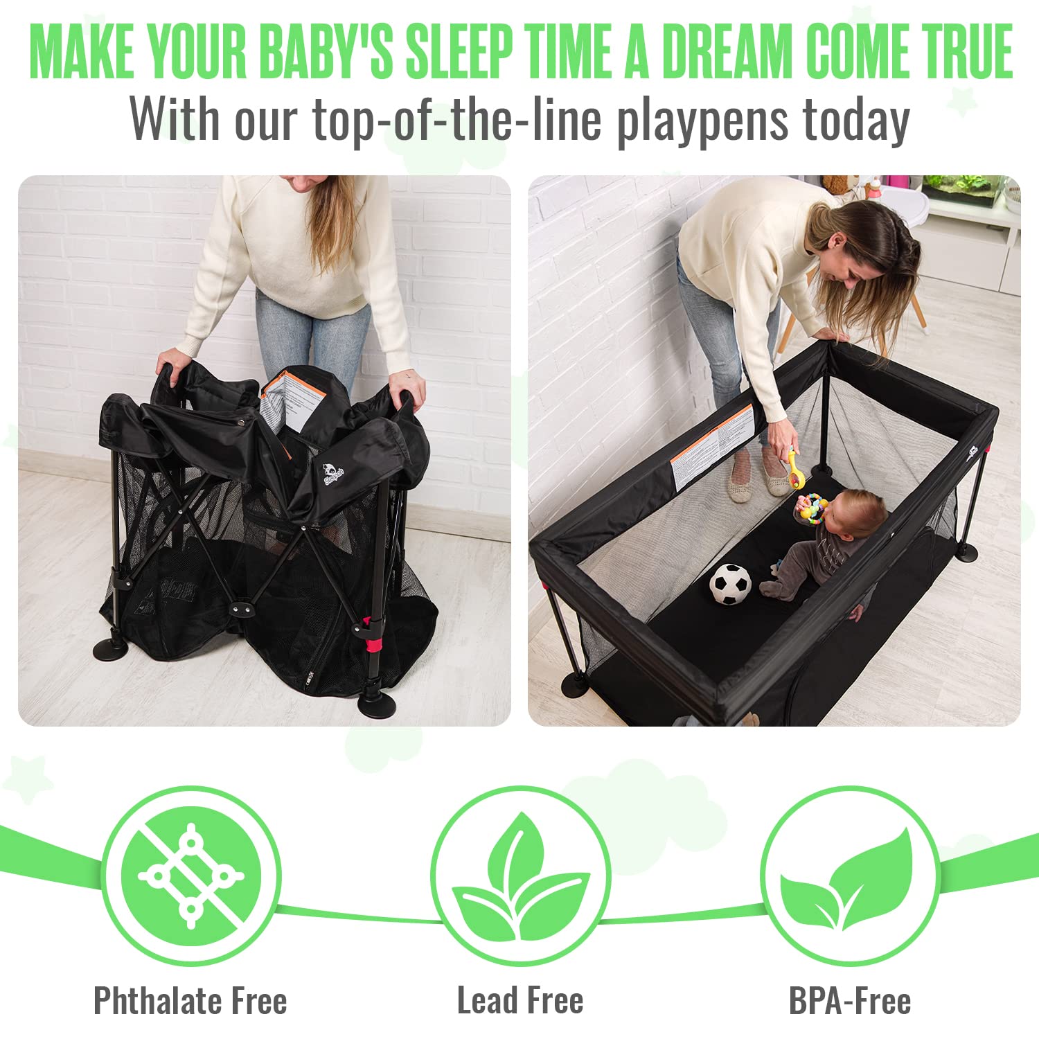 Foldable Travel Crib - Super Lightweight Portable Play Pen + Waterproof Mattres & 100% Cotton Fitted Sheet Bundle - Easy to Pack Fits in a Suitcase Sets up in 30sec Safe for Infantts & Toddler Black