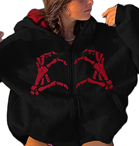 NUFIWI Vintage Zip Up Hoodies for Women Rhinestone Graphic Oversized Sweatshirts Aesthetic Pullover Jackets Gothic Streetwear(Gesture Black Heart,M)