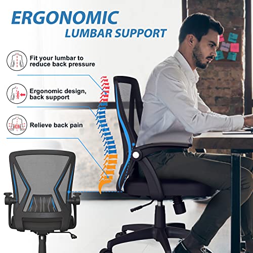 KOLLIEE Mid Back Mesh Office Chair Ergonomic Swivel Black Mesh Computer Chair Flip Up Arms with Lumbar Support Adjustable Height Task Chair