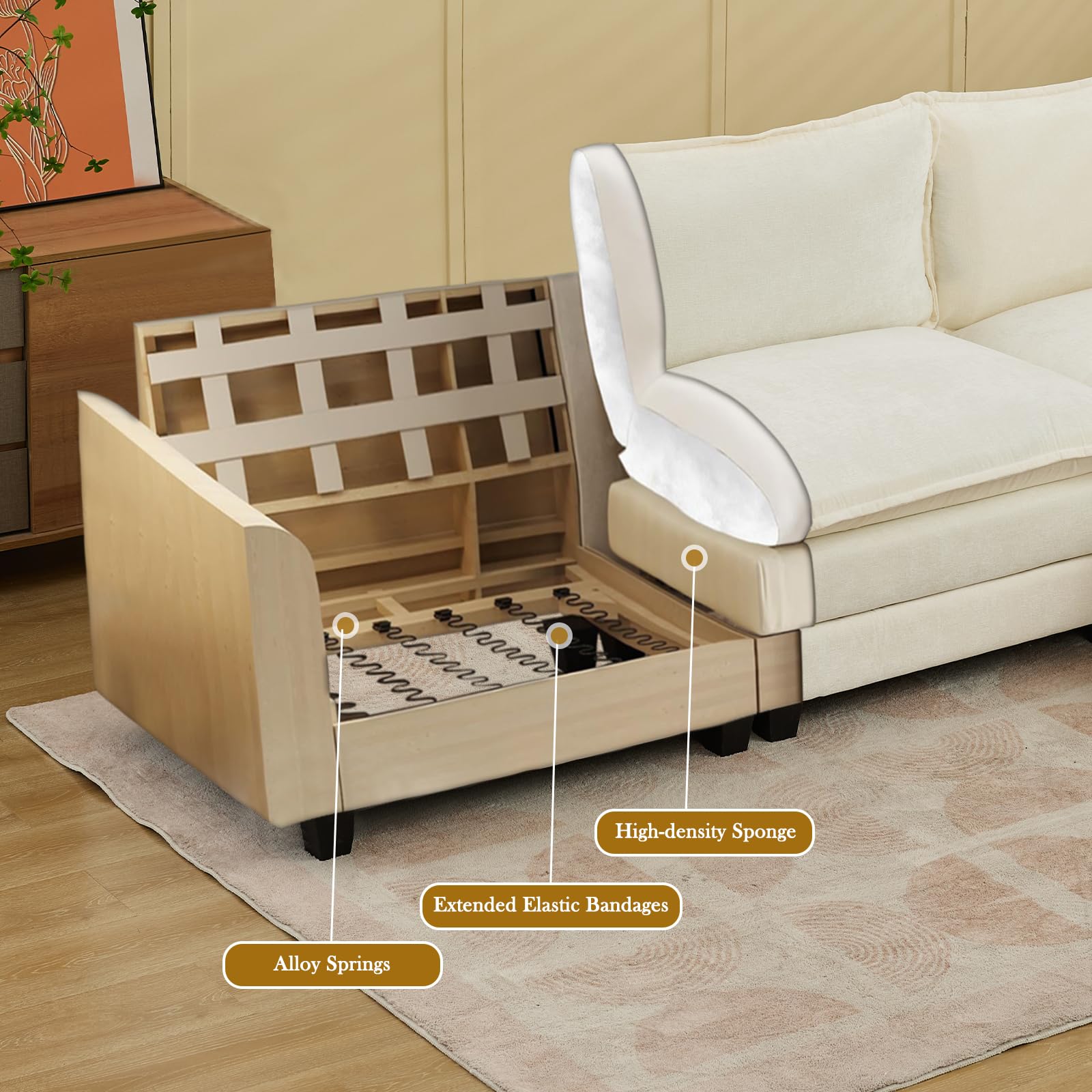 Sectional Couches for Living Room | Comfy Cloud Couch Modern Chenille L-Shaped 115โ Cream Modular Sectional Sofa with Moveable Ottoman & Pillows | Extra Deep Seat Sofa (White Couch, 3-Seat Upgrade)