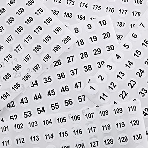 Number Sticker 1 to 200 Ruiwaer 20 Sheets Vinyl Continuous Digital Sticker 0.4 Inch Small Circular Digital Self Adhesive Sticker Storage Finishing Sticker (10 Sheets 1 to 100 and 10 Sheets 101 to 200)