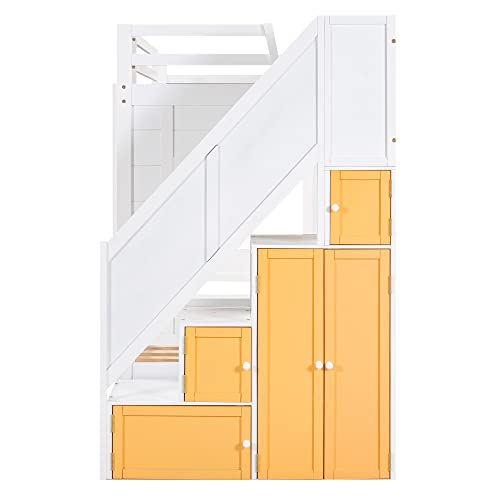 HomSof Twin Over Twin Bunk Bed with Trundle,Stairs,Ladders Solid Wood Bunk Bed with Storage Cabinet (White + Yellow)