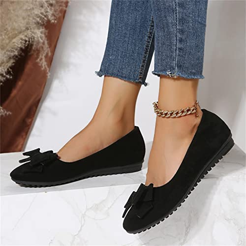 FASDNENDYS Ladies Fashion Solid Color Flock Bow Round Toe Comfortable Flat Casual Shoes Casual Flat Leather Shoes for Men Black