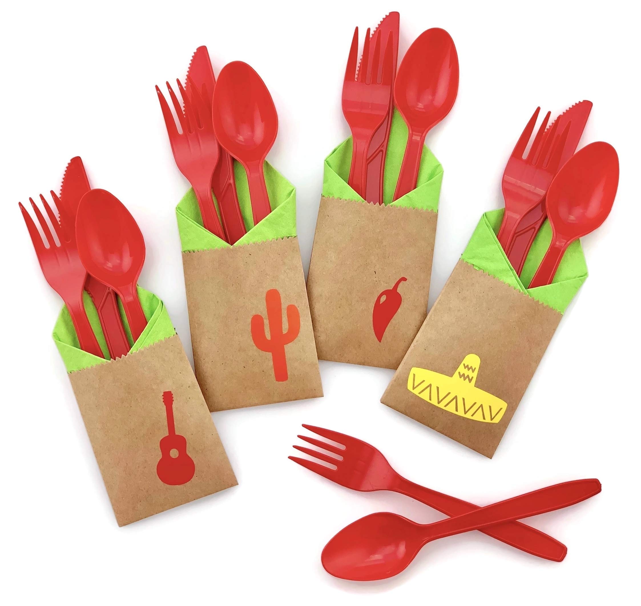 Plastic Cutlery, Paper Napkins, Favor Bags, Fiesta Birthday, Graduation, Baby Shower, Cinco de Mayo Party Decorations Supplies, 24 set