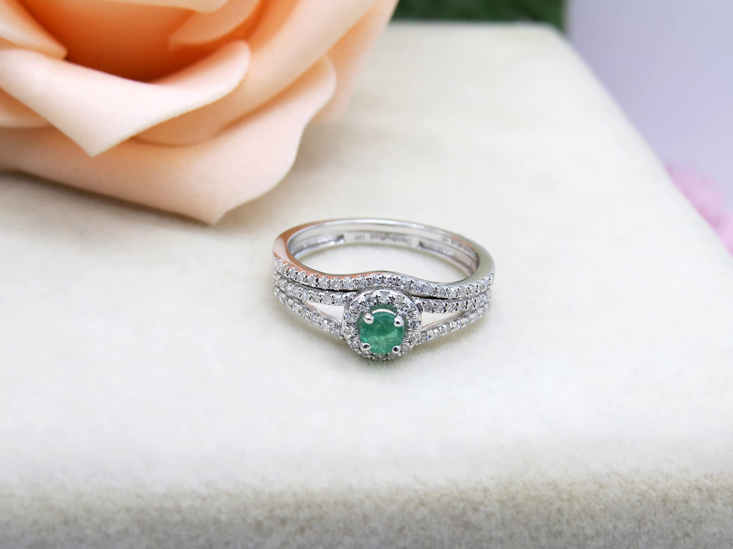 Dazzlingrock Collection 14K Round Emerald And White Diamond Bridal Halo Engagement Ring Wedding Band Set, White Gold, Size 6