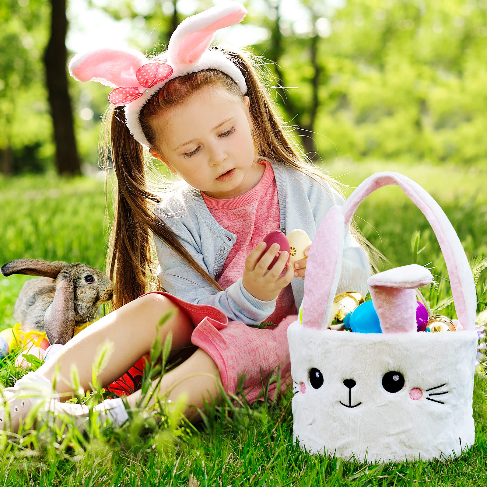 KMUYSL Plush Easter Bunny Basket for Kids, Large Bunny Easter Basket for Boys Girls, Empty Easter Egg Hunting Bucket with Handles, Cute Easter Decoration Bags, Easter Toys Gift for Kids