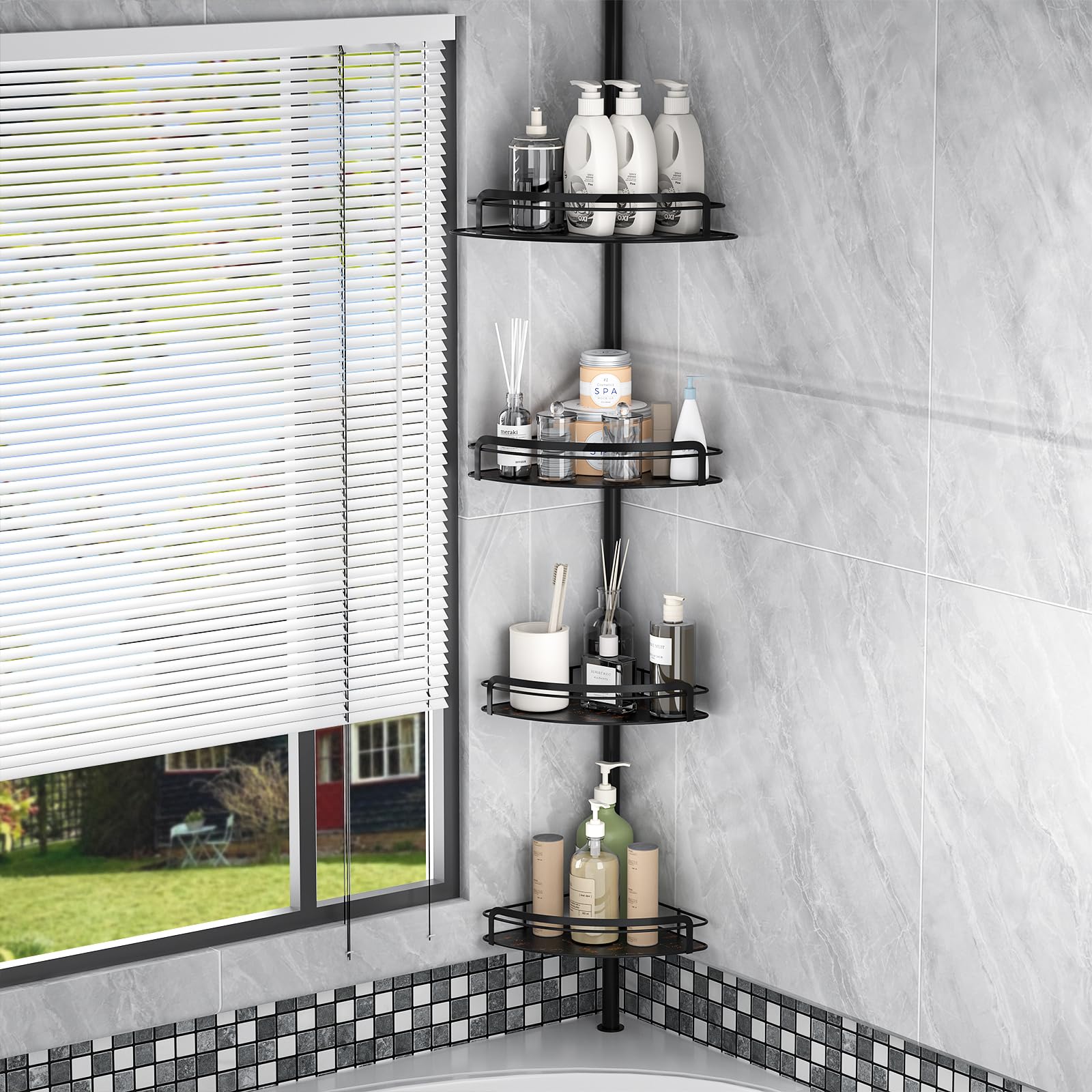 KVKVMO Corner Shower Caddy Tension Pole - Rustproof & Waterproof Shower Organizer Corner, 4-Tier Adjustable Bathroom Shower Rack from 48-115 Inches, for Bathroom and Bathtub