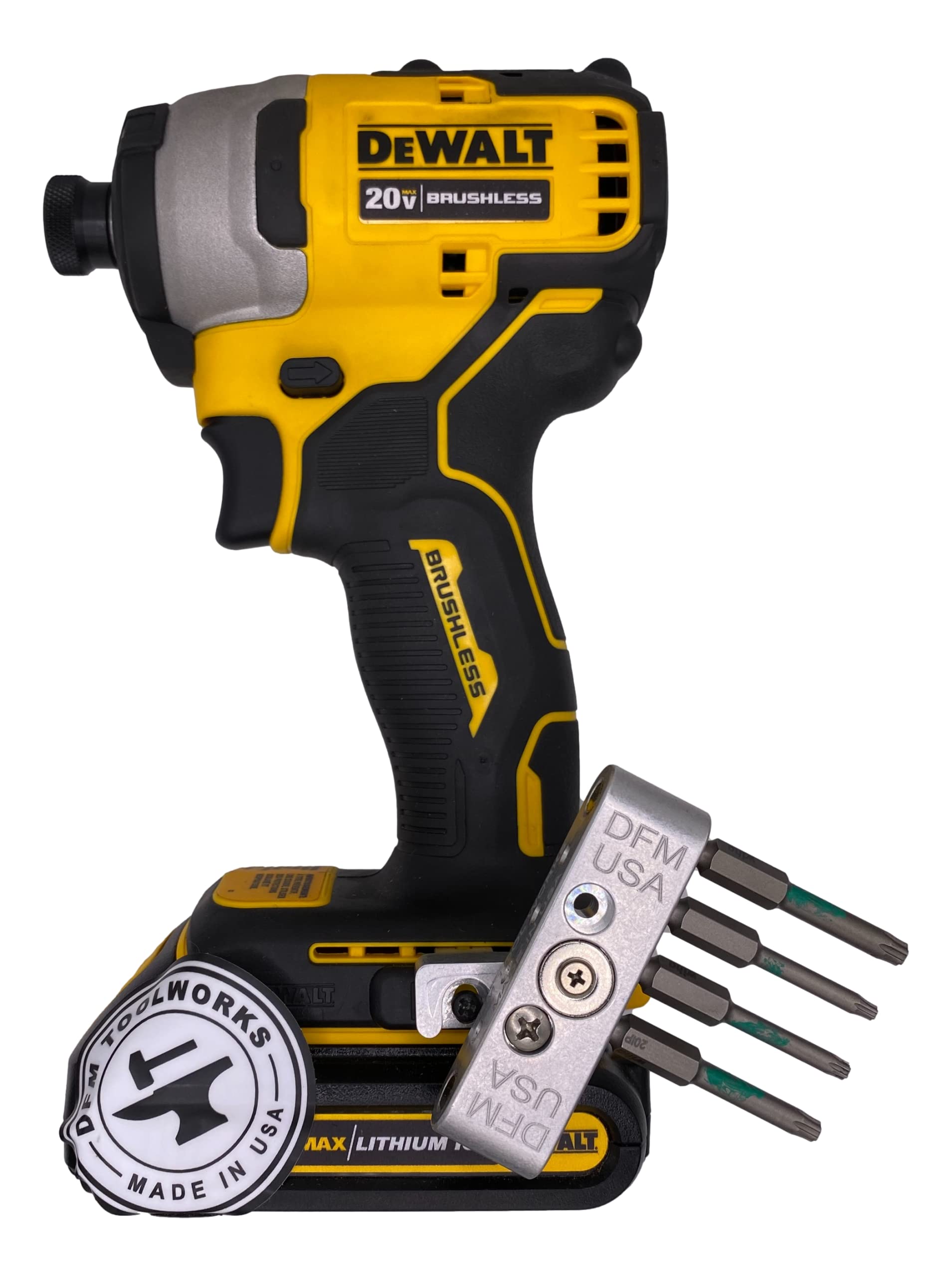 DFM Magnetic Bit Holder MADE IN USA for Cordless Drills and Drivers | Bit Organizer (DeWalt 20V, Raw Aluminum QTY 1)