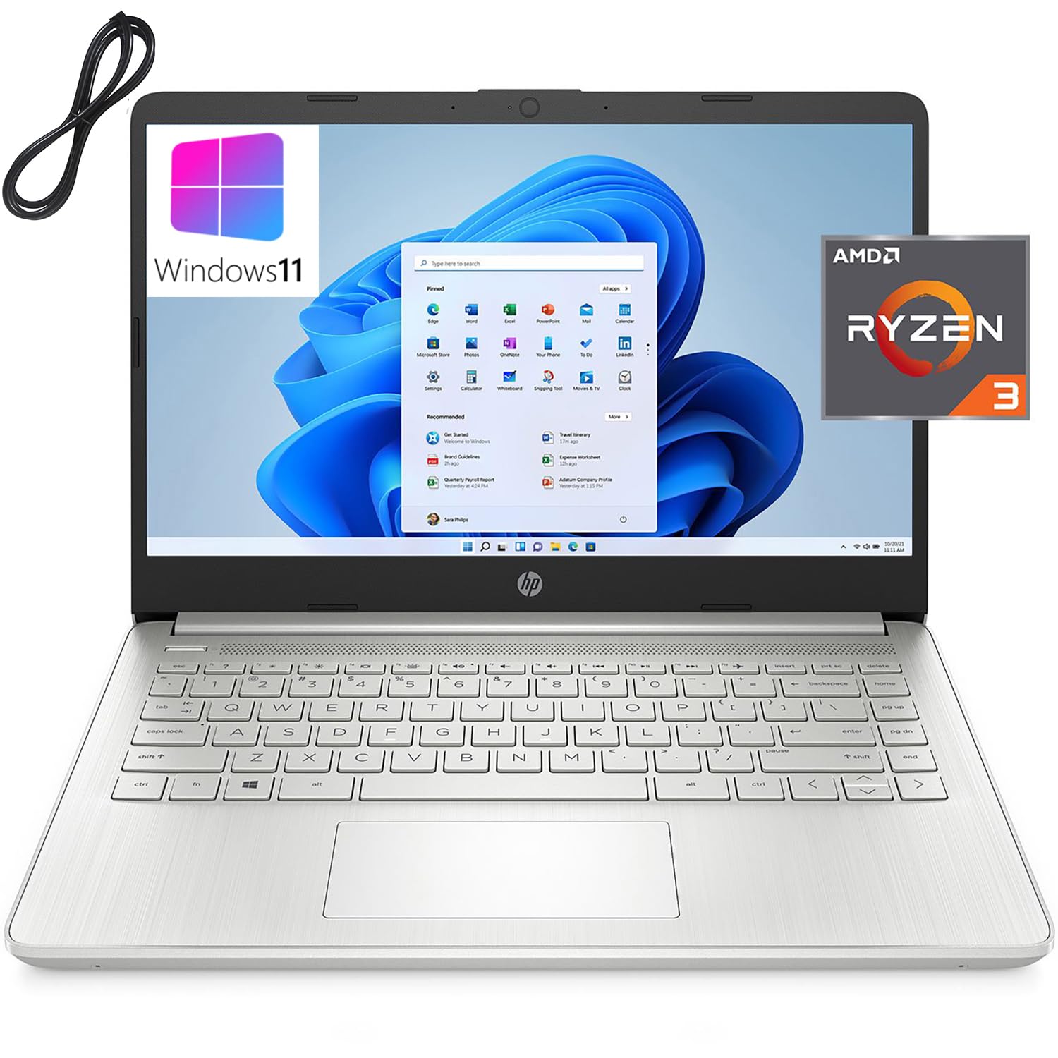 HP 14 14" FHD Laptop Computer, AMD Ryzen 3 3250U up to 3.5GHz (Beat i3-10110U), 32GB DDR4 RAM, 1TB SSD, 802.11AC WiFi, Bluetooth 4.2, Webcam, Type-C, Silver, Windows 11 S, BROAG Cable