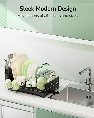 ULG Dish Drying Rack with Drainboard, Countertop Dish Rack, Rustproof Dish Drainer for Kitchen Counter, Draining Rack with Detachable Utensil Holder, Adjustable Swivel Spout Dish Strainers, Black