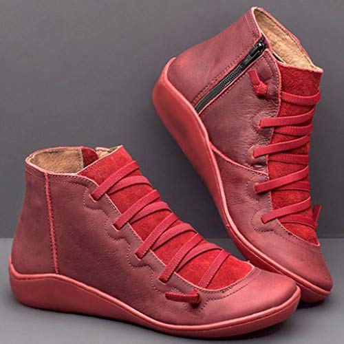 FASDNENDYS Leather Round Casual Lace-up Women's Boots Shoe Side Toe Flat Zipper Boots Boots Women Western Red