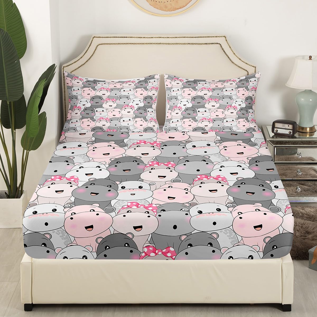 Hippo Sheet Set Full Size Cartoon Animal Sheets with Deep Pocket Fitted Sheet for Kids Teens Adults Hippopotamus Bed Sheets Set Kawaii Cute Bedding Set Room Decorations 4Pcs With 2 Pillow Cases