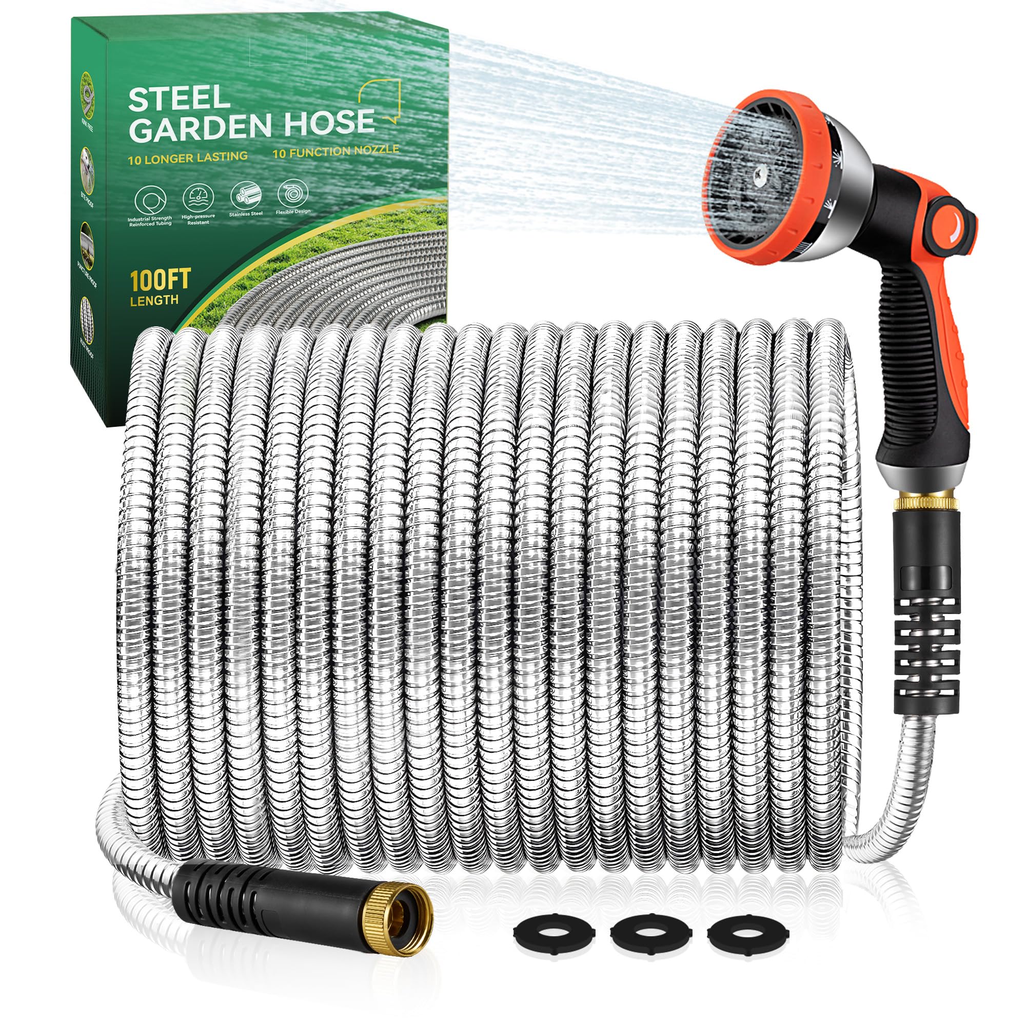 Garden Hose 100 ft - Metal Hose Stainless Steel Water Hose Flexible Heavy Duty Garden Hose Collapsible and No Kink Water Pipe