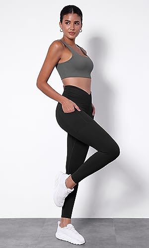 ODODOS Women's Cross Waist Full Length Yoga Leggings with Pockets, Inseam 28" Gathered Crossover Workout Yoga Pants, Black, Medium