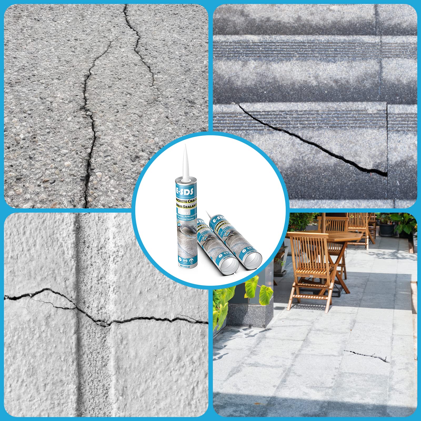 E-SDS Concrete Crack Filler and Sealant Self-Leveling, Polyurethane Construction Crack Flexible Sealant Sealing Horizontal Cracks, Gray 10.5 fl. oz (3 Pack)