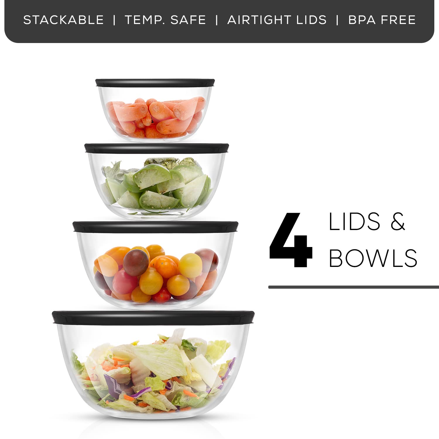JoyJolt Kitchen Mixing Bowls - 8pc Glass Bowls with Lids Set β Neat Nesting Bowls - Large Mixing Bowl Set Batter Bowl - Cooking Bowls - Storage Bowls with Lids and Big Salad Bowl with BPA-Free Lids