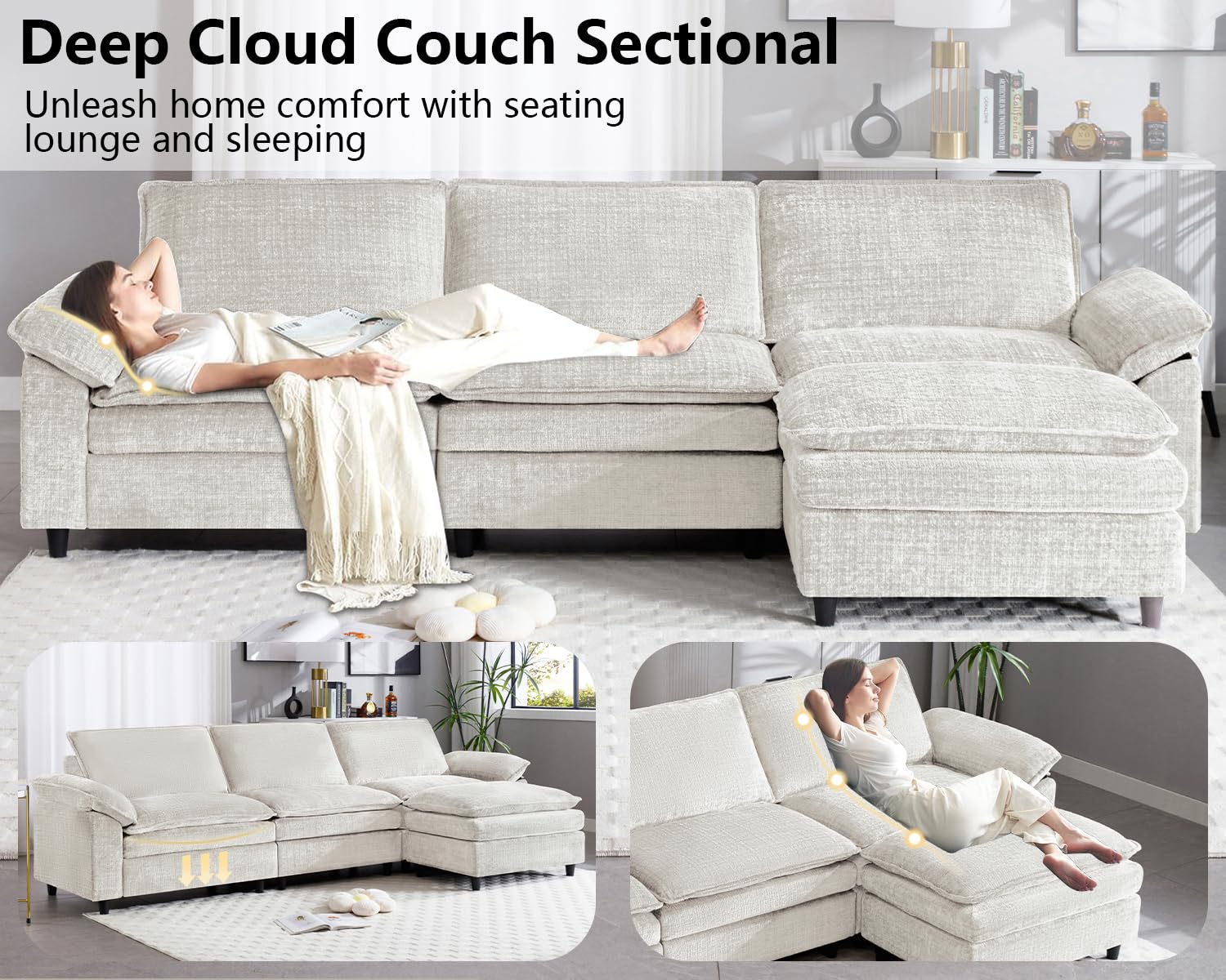 L Shaped Sofa Cloud Couch with Ottoman, 96" Modular Sectional Sofa for Living Room, 4 Seater Green Velvet Sofa Small Sectional Couch for Small Space Apartment Office