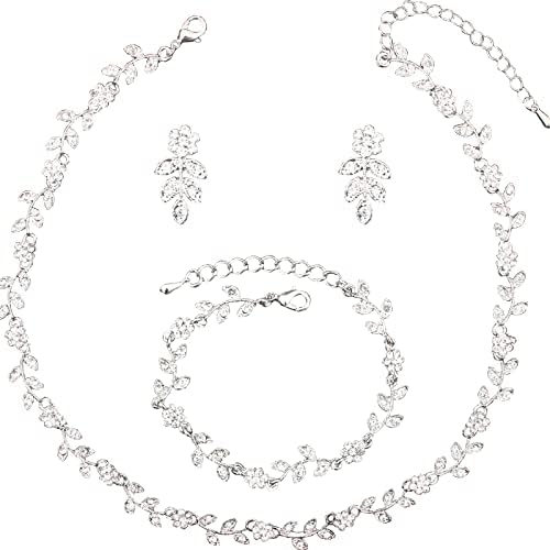 Enrwin Austrian Crystal Rhinestone Choker Necklace Dangle Earring Link Bracelet Jewelry Set for Brides Bridesmaid Prom Costume Accessories for Women (White-Platinum Plated)