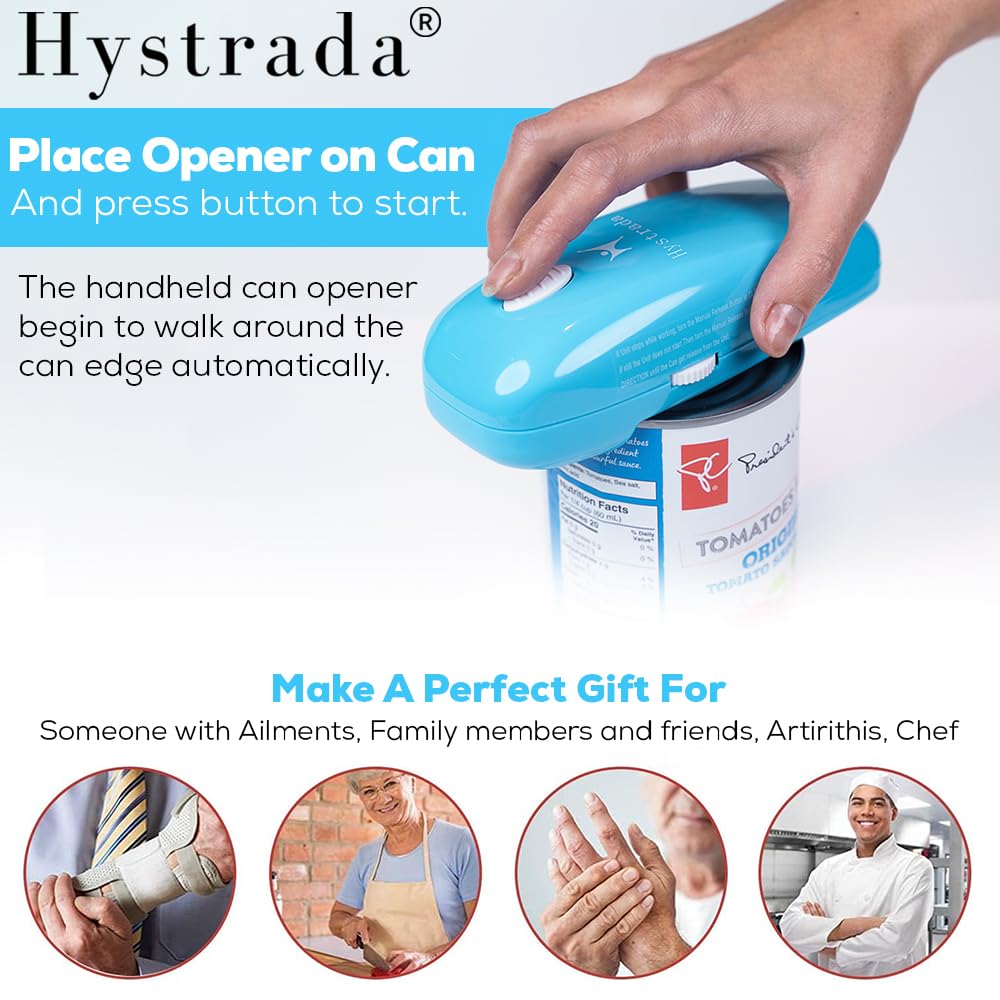 Hystrada Electric Can Opener - No Sharp Edge Handheld Can Opener - Battery Operated Can Opener - Easy One-Touch Operation Can Opener - Automatic Can Opener Works on All Types of Cans (Sky Blue)