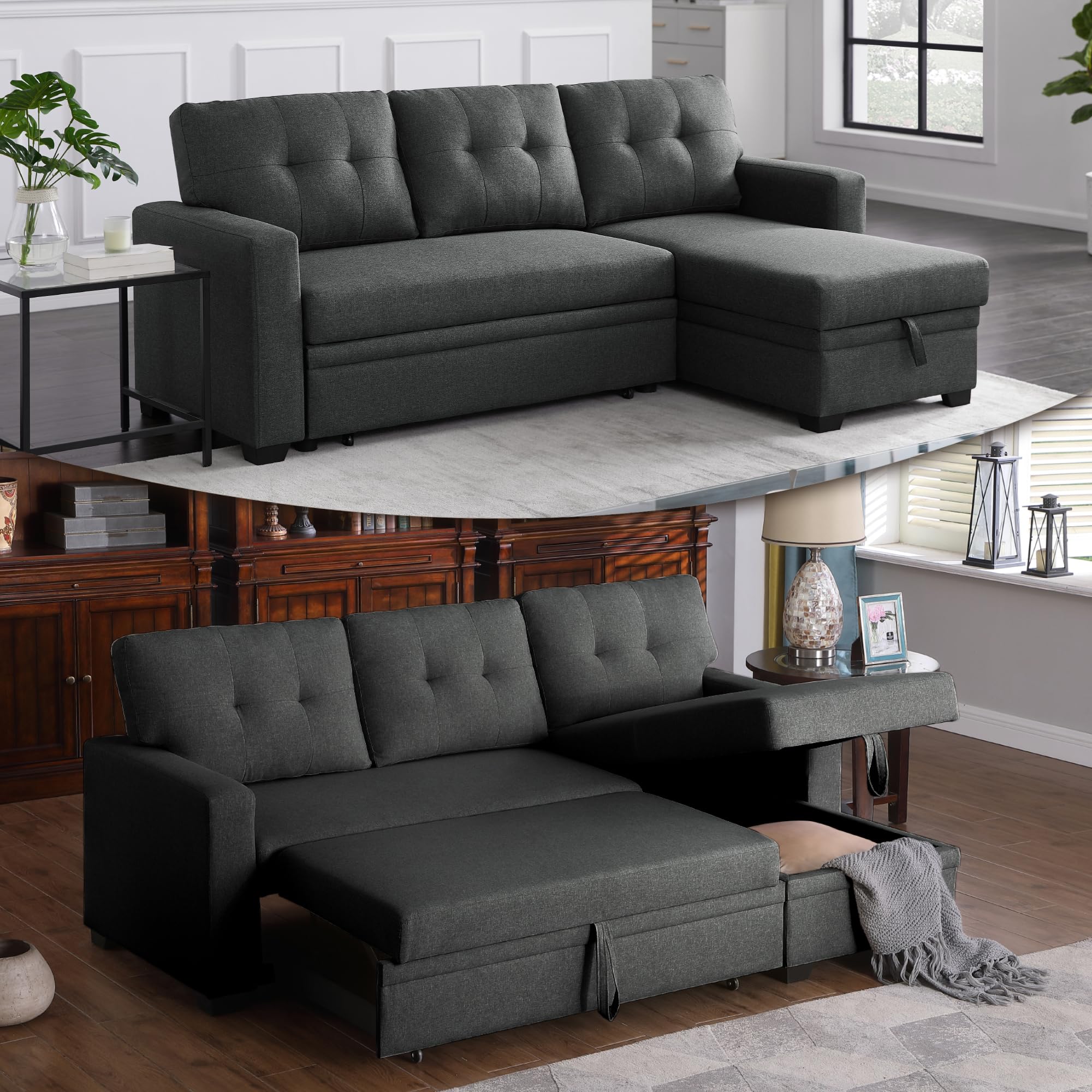 HHOK 4-in-1 Convertible Pull Out Modular Sectional Sofa Bed for Living Room Furniture Sets, L Shaped Comfy Couch with Reversible Storage Chaise Upholstered for Apartment, Studio, Office - Beige