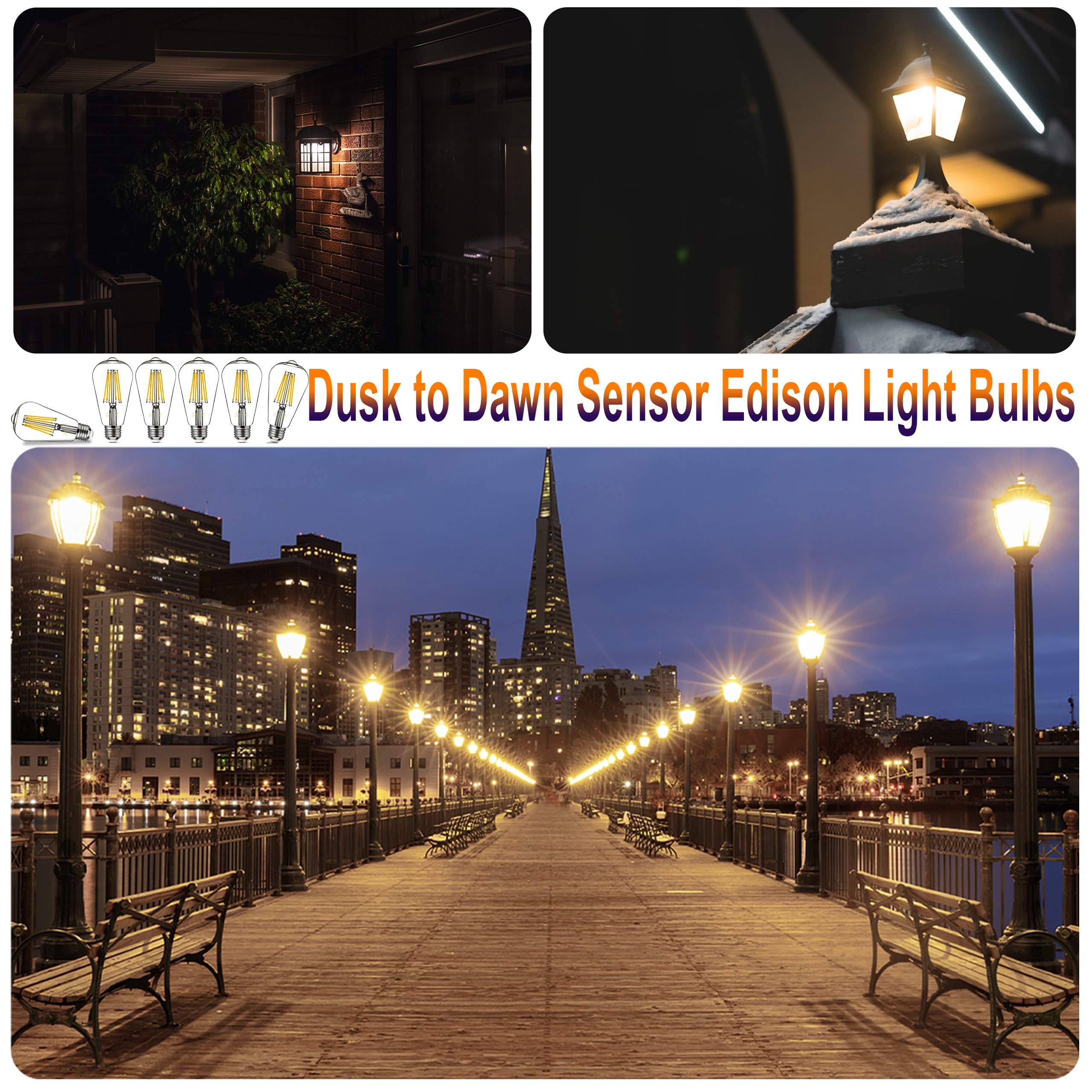 Dusk to Dawn Edison Light Bulbs, ST64 7W(60Watt Equivalent), Automatic On/Off Warm White 2700K Smart Sensor Bulbs, E26 Medium Base, 800LM, Light Sensor Filament Bulb for Outdoor Lighting, Pack of 3