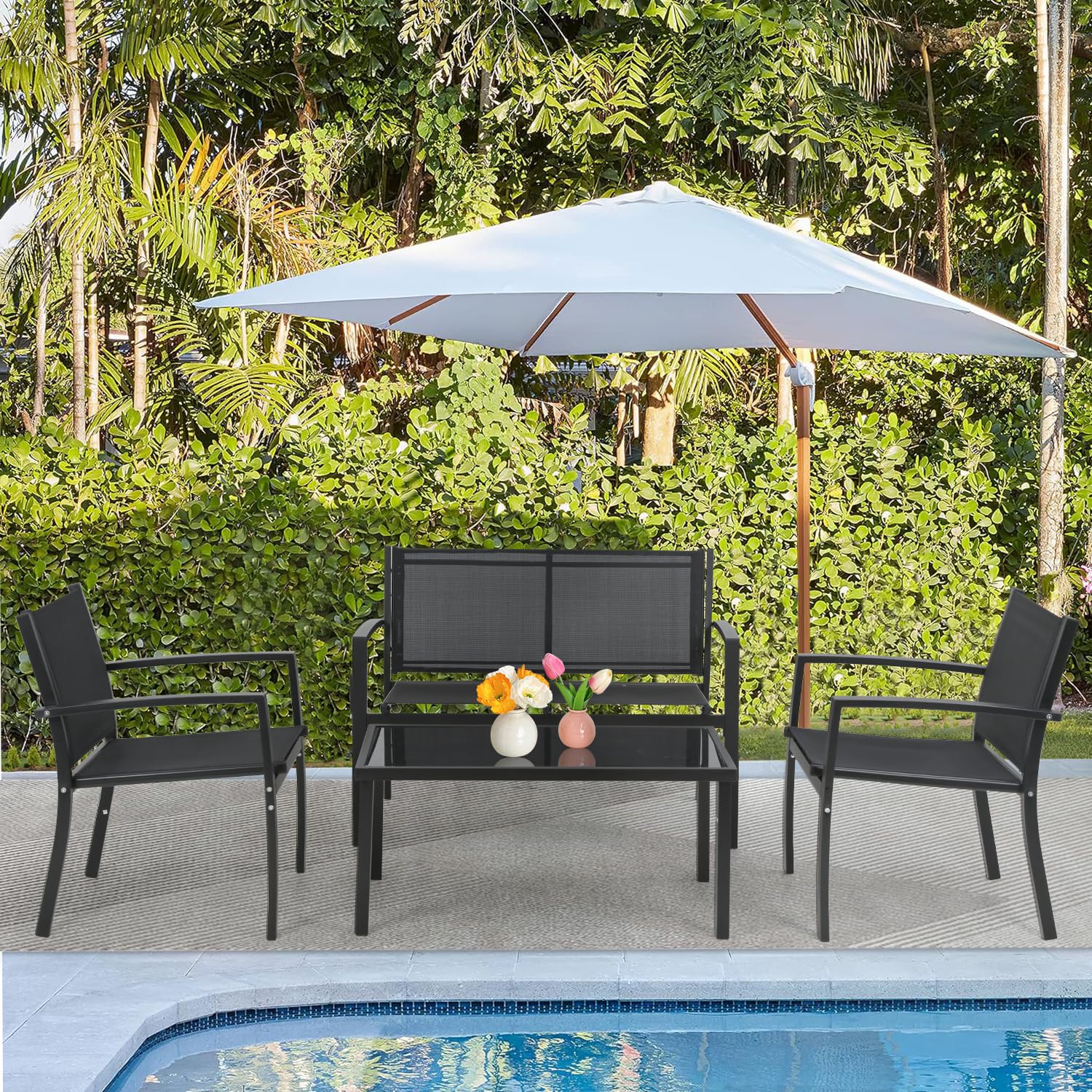 PayLessHere 4 Piece Outdoor Conversation Set for Patio Lawn Poolside with Glass Coffee Table Tempered Glass Tabletop Waterproof Set Textile Modern Conversation Set