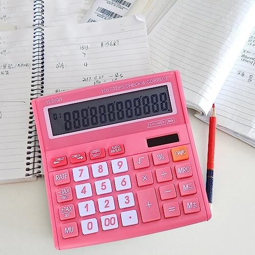 Office Desk Calculator 12 Digits with Solar Power and Easy to Read HD LCD Display, Big Buttons, for Financial Affairs,Home, Office, School, Class and Business,with Battery,Pink