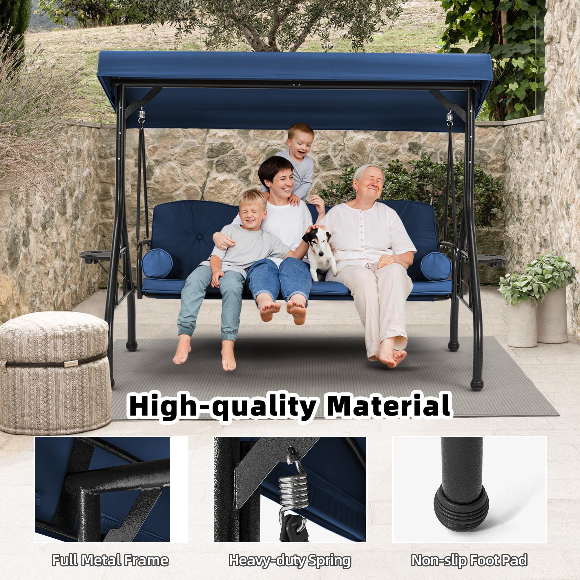 HOMREST 3 Seat Outdoor Porch Swing with Adjustable Canopy, Convertible Patio Swing Bed with Stand, Patio Glider Swing with Upgraded Cup Holder, Thicken Cushions & Pillow for Backyard (Blue)