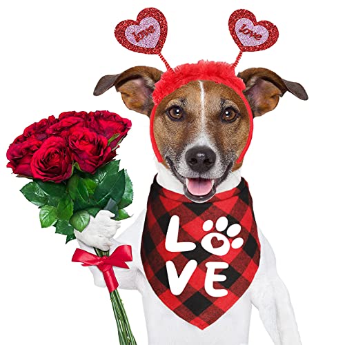 JOTFA Valentine's Day Dog Bandana Costumes, Valentines Love Headband Buffalo Plaid Dog Valentines Bandanas for Small Medium Large Dogs
