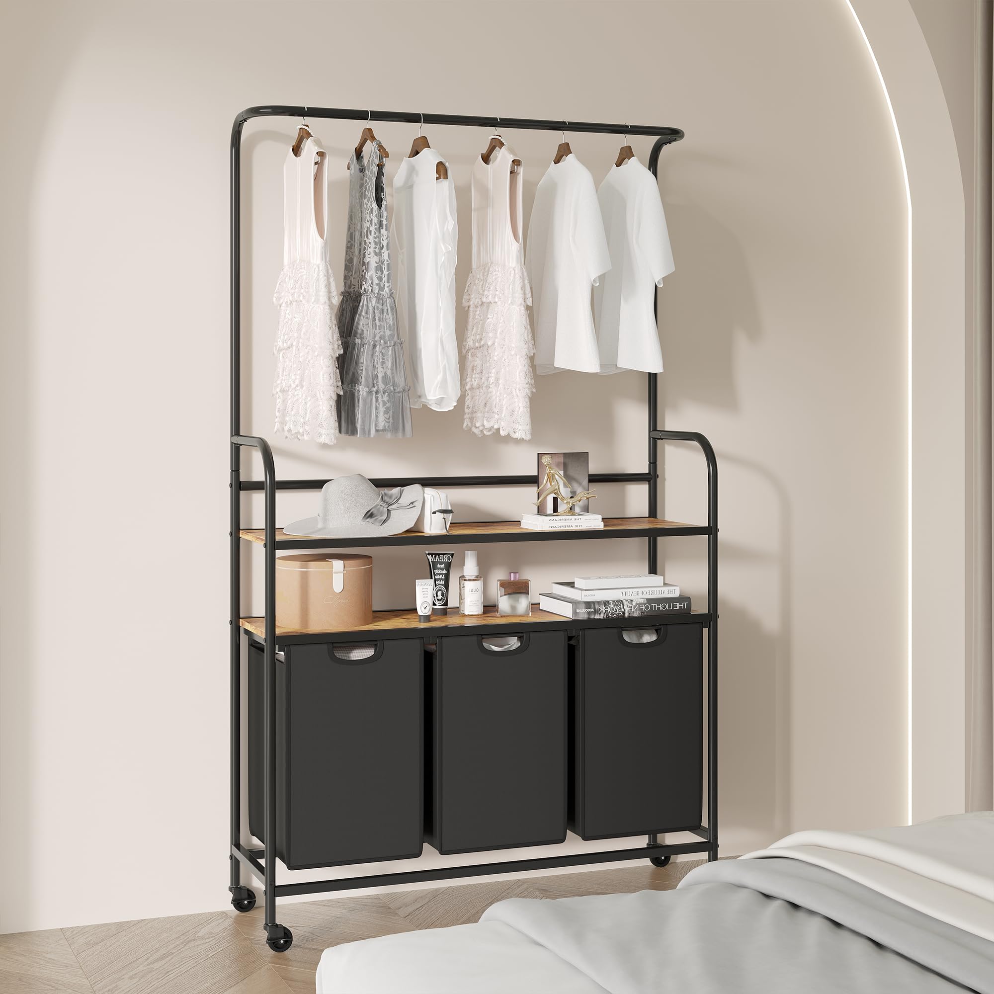 kepptory Laundry Basket 3 Section, 3 × 11.5 Gal (47L), Laundry Hamper Laundry Sorter 3 Section with Shelves and Clothes Hanging Bar, Rolling 3 Compartment Laundry Hamper for Laundry Bathroom Bedroom