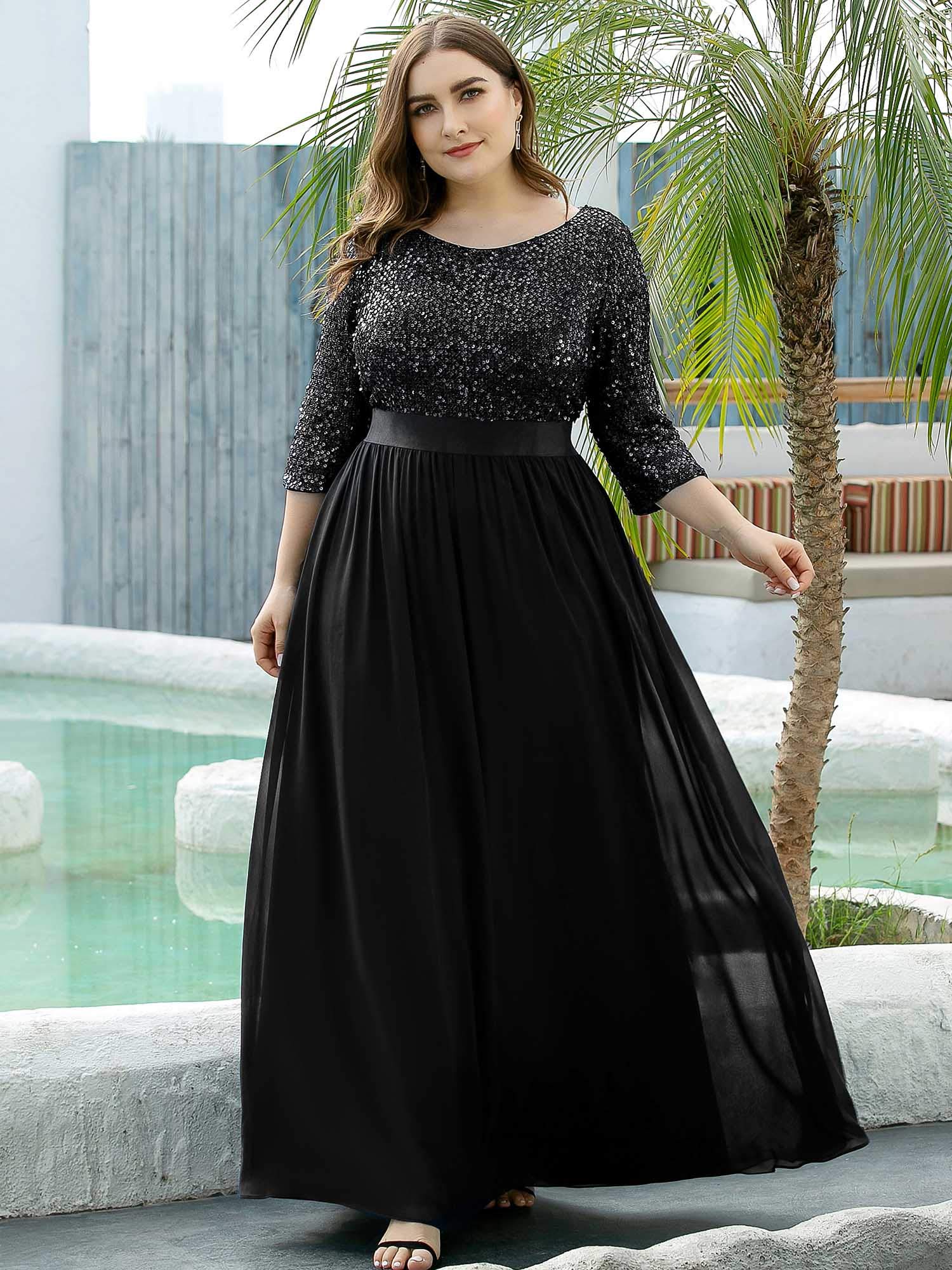 Ever-Pretty Women's Round Neck Maxi Dresses Sequin Plus Size Formal Dresses for Women Black US24