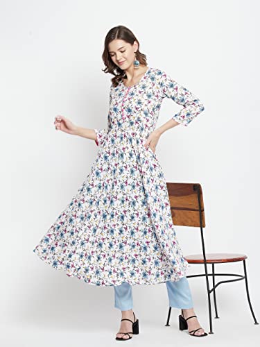Tissu Women's Rayon White & Blue Floral Printed A-Line Kurta 2134_White_5XL
