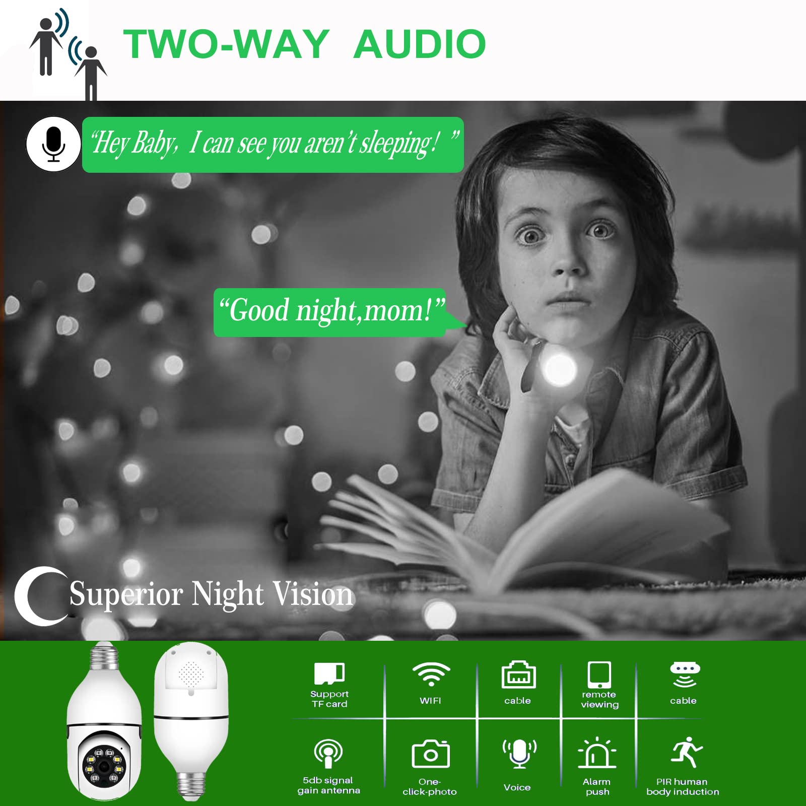 LARDERGO Indoor Camera, 2 Pack 1080p Outdoor Smart Home WiFi Video Camera 360 Degree Panoramic Connector E27 Light Bulb Night Vision Human Motion Detection and Alarm-White