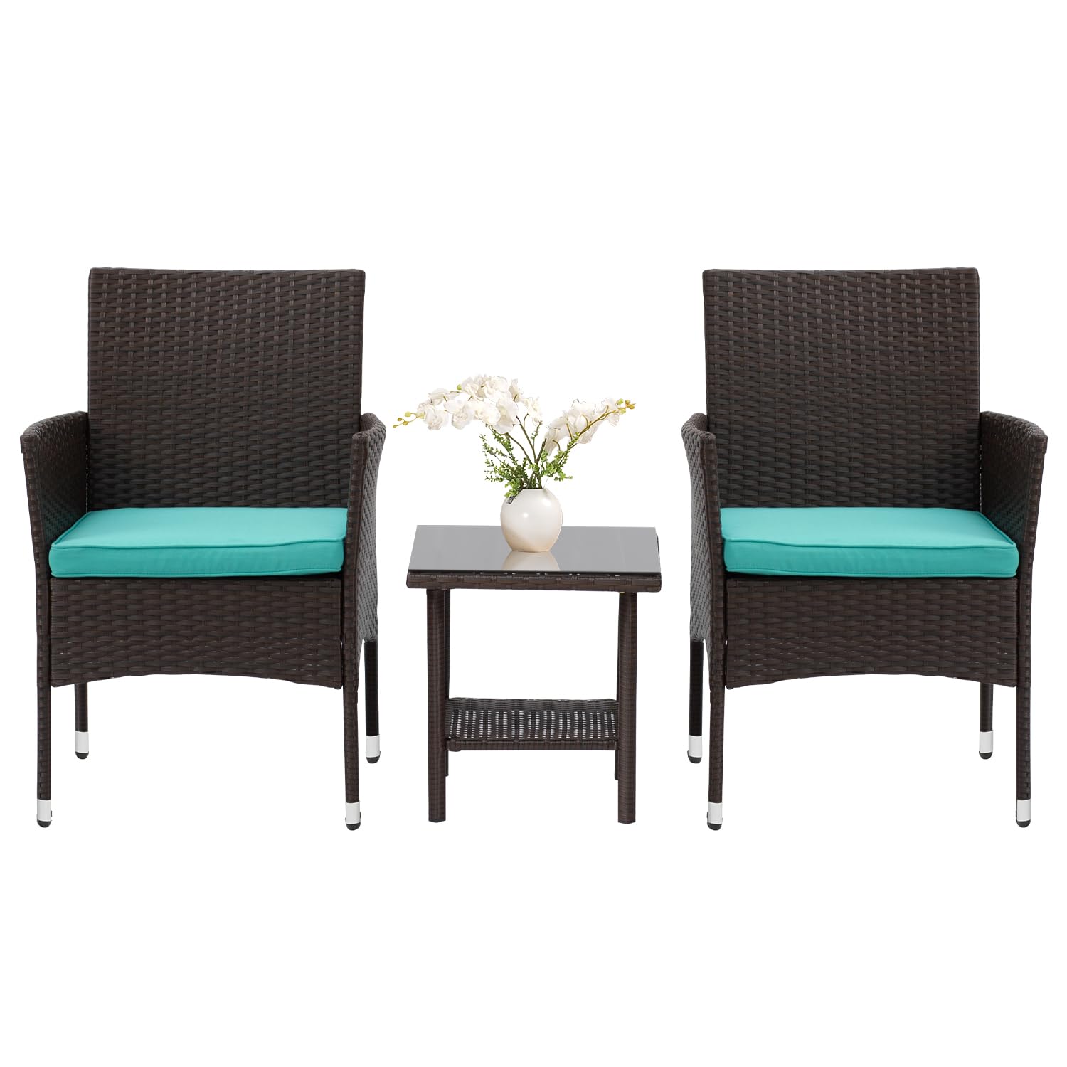 PayLessHere Set of 3 Outdoor Furniture Set Patio Furniture Set Brown Conversation Set with 2 Rattan Chairs Glass Coffee Table for Coffee Bar Poolside Patio Outdoor, Blue Cushions