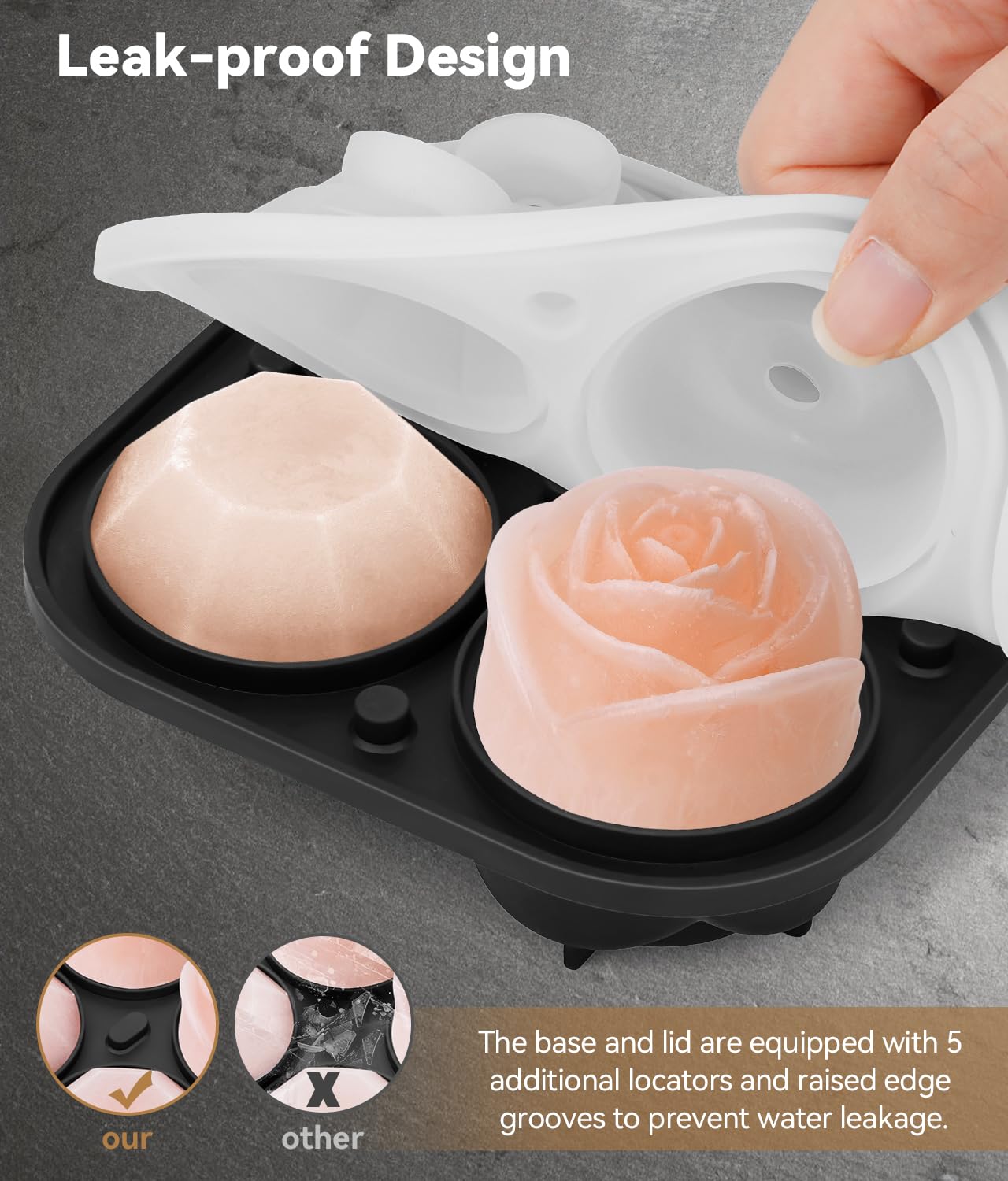 Ice Cube Tray with Lid, Silicone Ice Molds with Round, Square, Diamond, Rose, Large Ice Cube Mold for Whiskey, Bourbon, Cocktails, Easy Release BPA Free, Set of 2