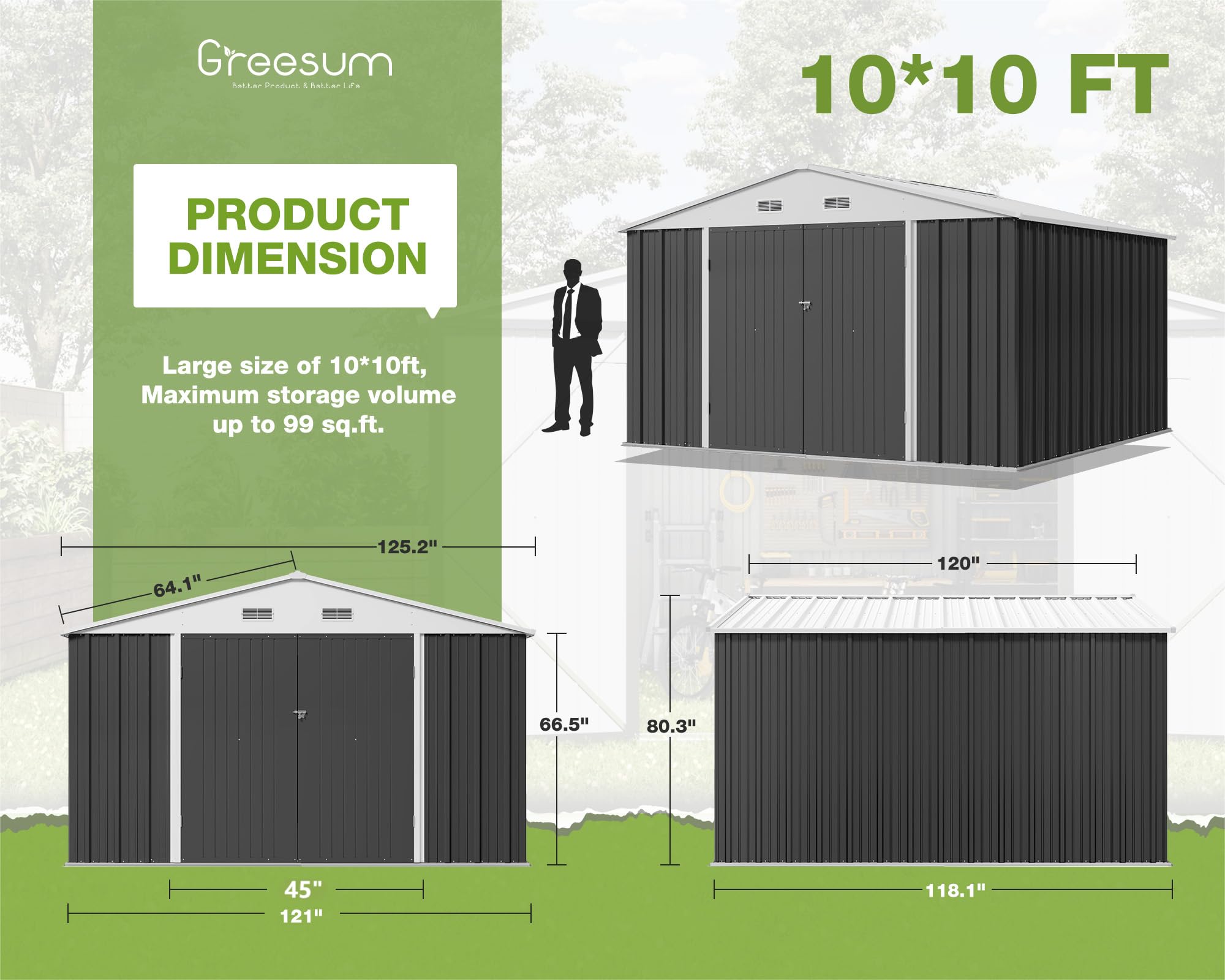 Greesum Outdoor Storage Shed 10 x 10 ft. Utility Tool Shed Metal Storage Garden Shed with Door & Lock for Patio Storage, Gray