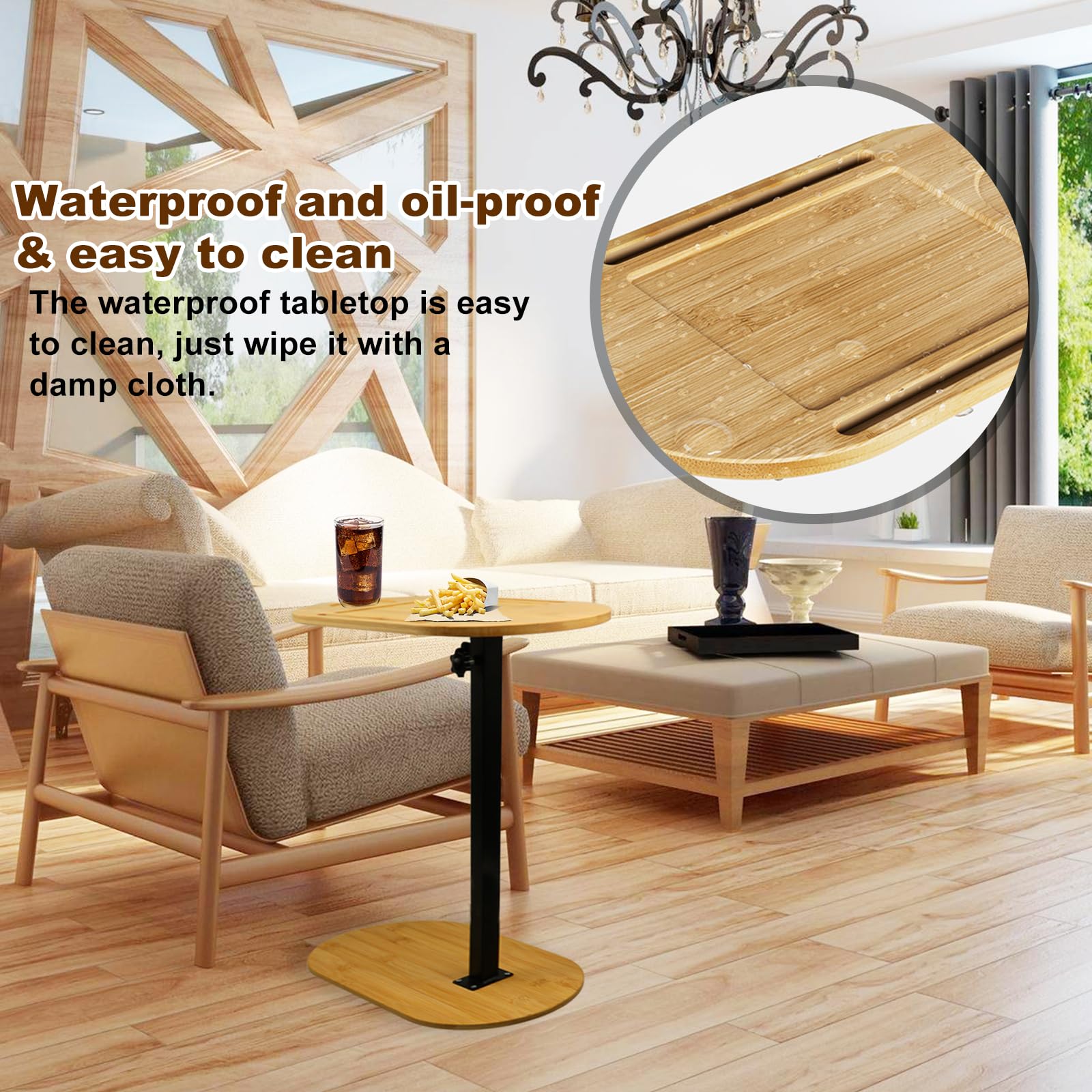 KOBSAINF Sofa Tray Table for Couch Arm - Side Table Tray for Small Spaces, Bamboo Height Adjustable Table for Bed or Chair with Phone & Tablet Slots, TV Tray Table for Living Room, Bedroom