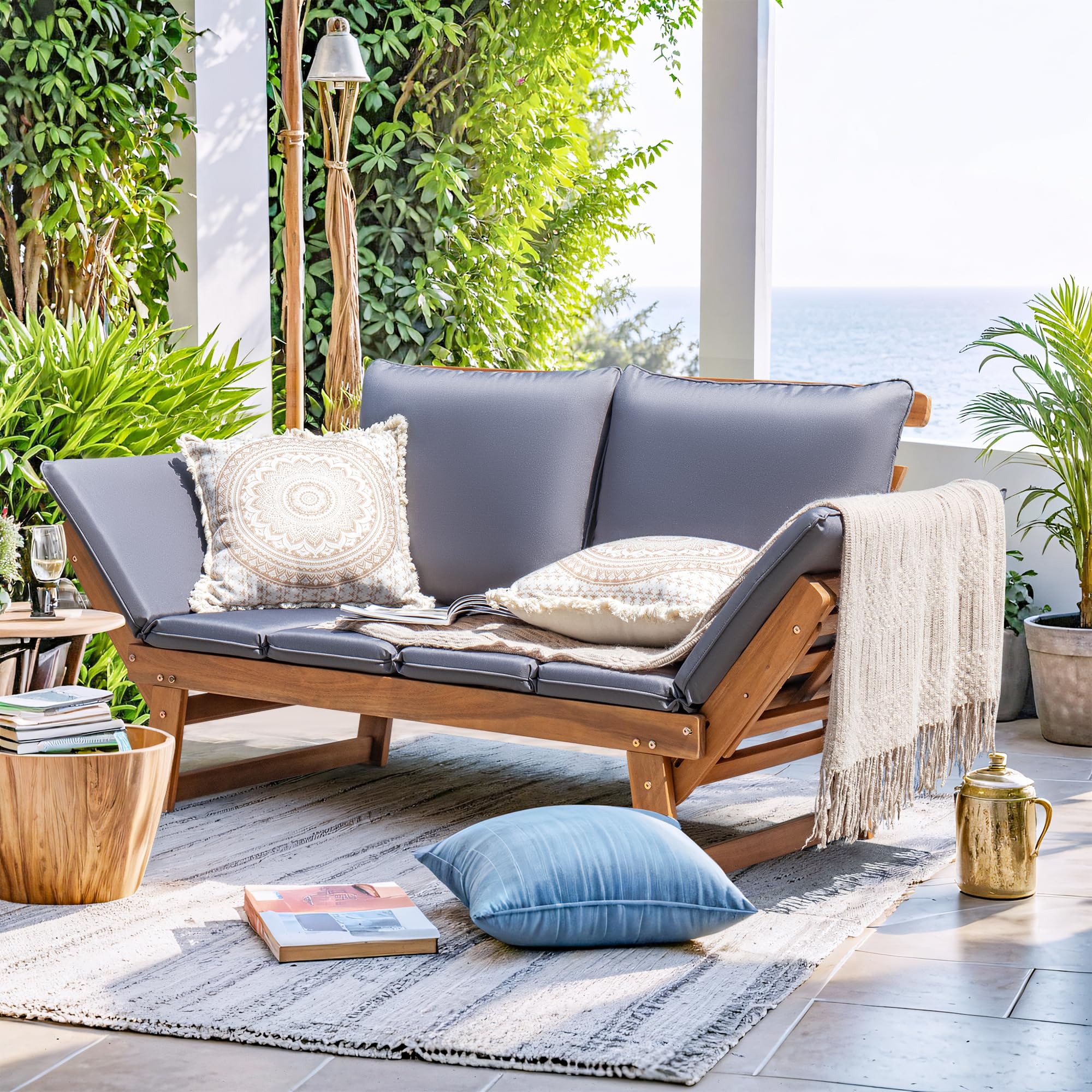 Greesum Patio Convertible Couch Sofa Bed with Adjustable Armrest, Acacia Wood Outdoor Daybed with Cushion & Pillow, Folding Chaise Lounge Bench for Porch Courtyard Poolside,Gray