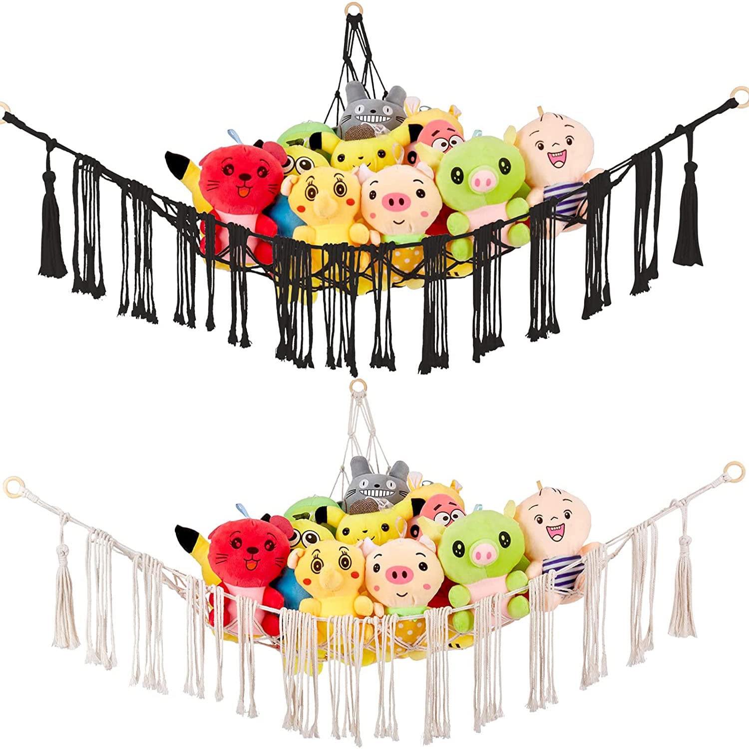 HZIYOU Hanging Corner Net for Stuffed Animals Storage, Stuffed Animal Hammock Holder with Hooks for Hanging, Toy Organizer for Bedroom Nursery Crib Kindergarten (Black)