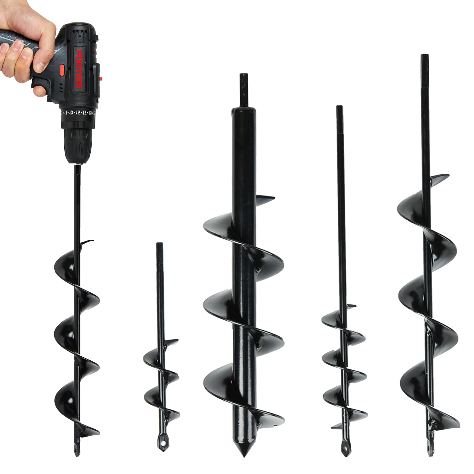 PDDYIER Auger Drill Bit for Planting Set of 4, Garden Ground Earth Spiral Drill Bit for 3/8" Hex Drive Drill, for Post Hole Digger Bulb Bedding Digging Plant Rapid Planter