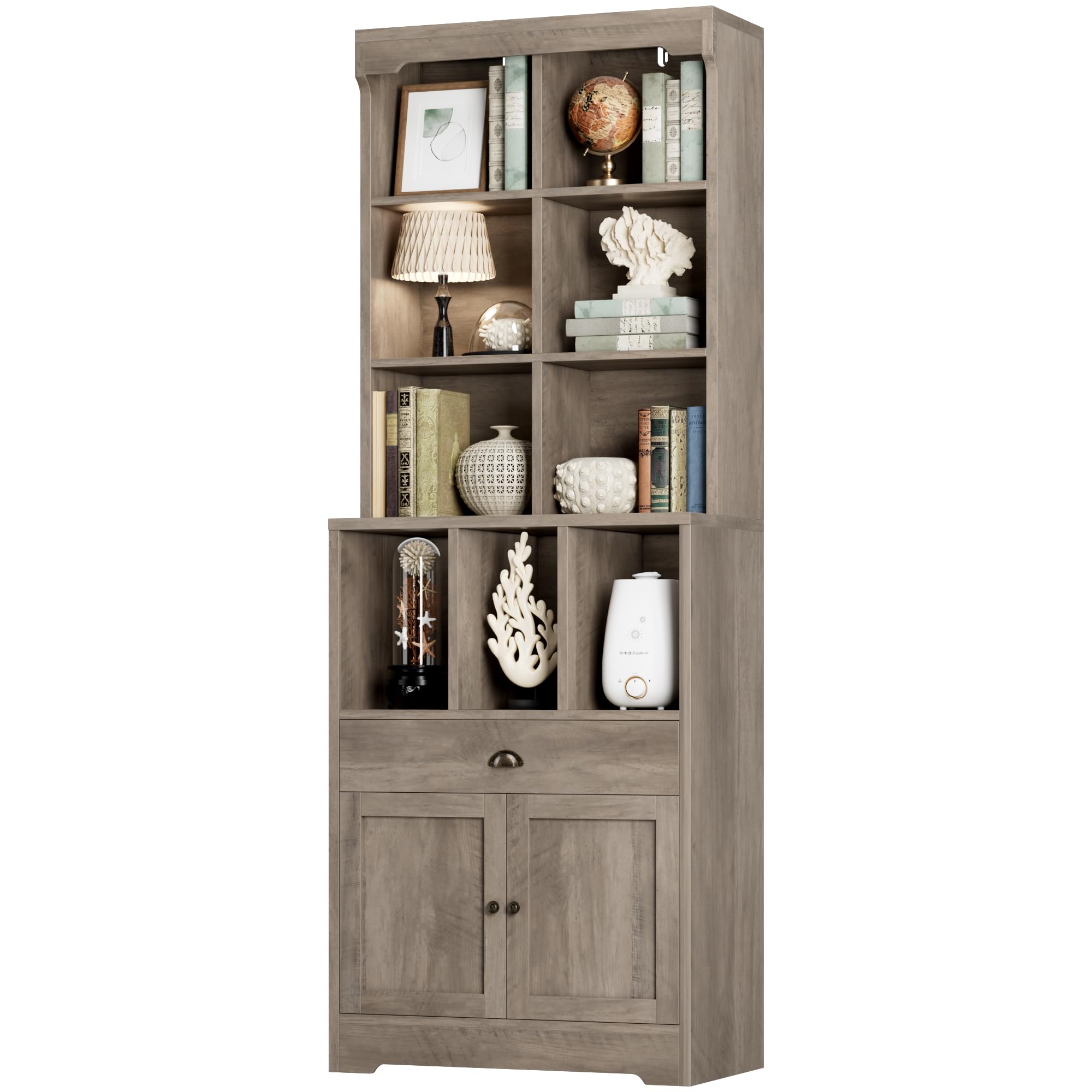 Keyluv 80β Tall Bookcase with Drawer and Doors, Grey Bookshelf with Adjustable Cabinet, Deep Book Shelf Case with Storage and 9 Open Cubes for Living Room/Home Office, Wood Gray Wash