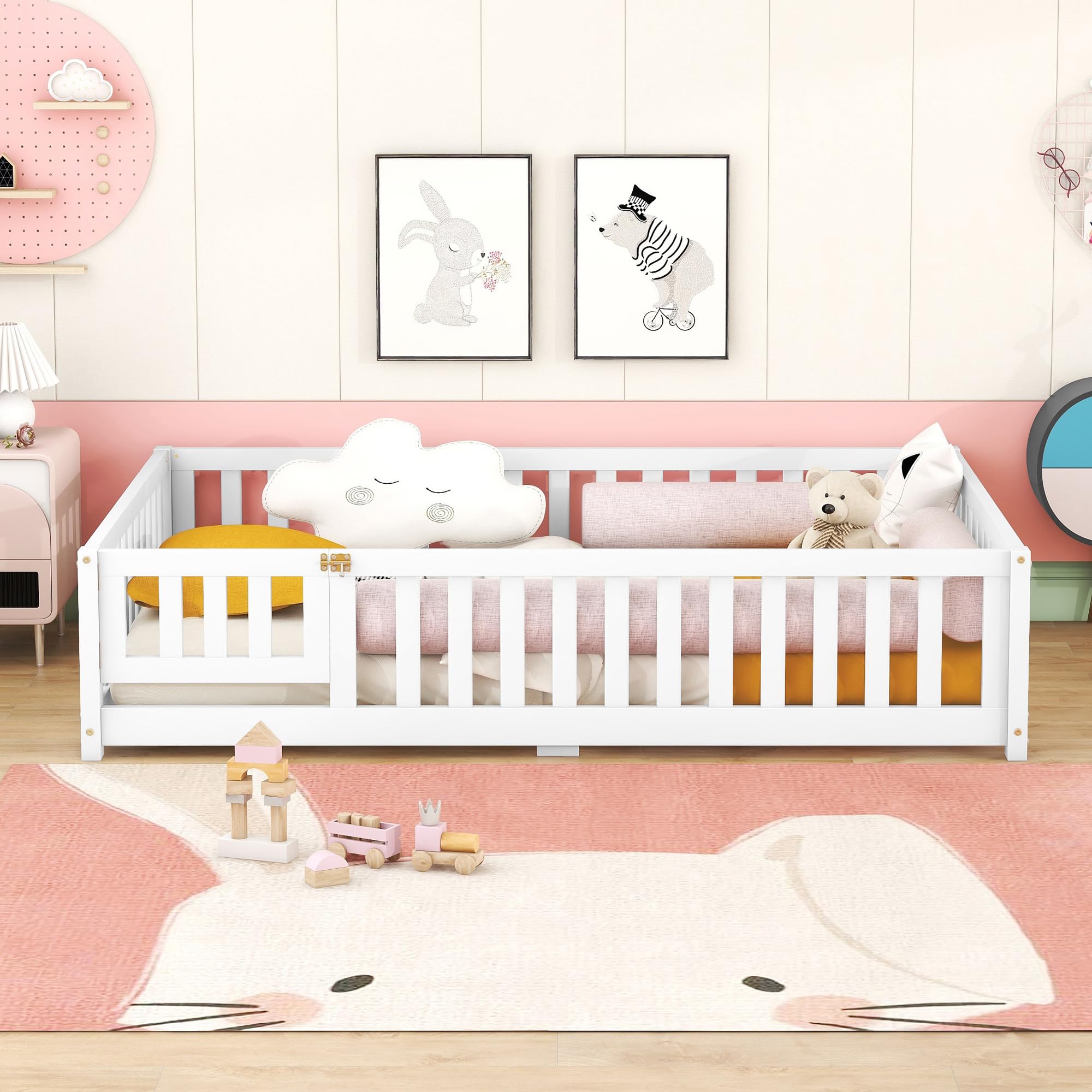 HomSof Full Size Bed Floor Bed with Safety Guardrails and Door for Kids,77.6''L x 55.9''W x 17.5''H, White