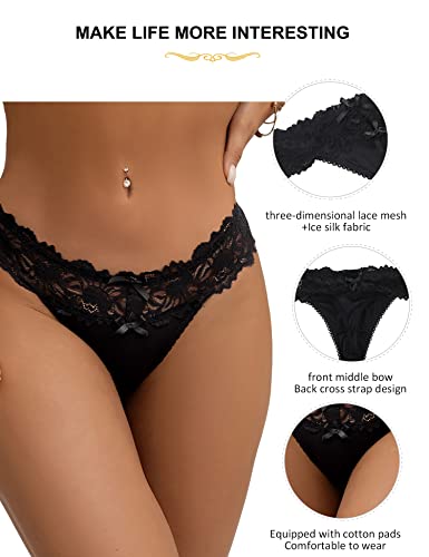 ohmydear Lace Thongs for women Seamless Panties Womens Thong Floral Lace Plus Size Underwear Black M-L
