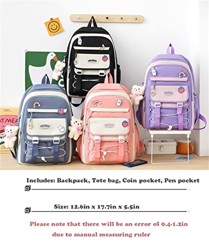 LsdgFriday Kawaii Backpack Set 4Pcs Canvas School Bag with Cute Pendants Pins Accessories for Teen Girls Aesthetic Backpack Shoulder Tote Bags Daypack for Back To School